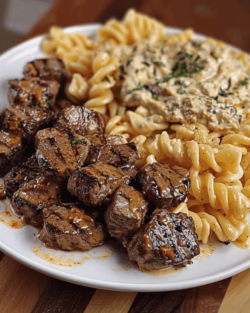 Cajun Steak Tips in Cheesy Rotini Parmesan Sauce | TheFamilyCooking
