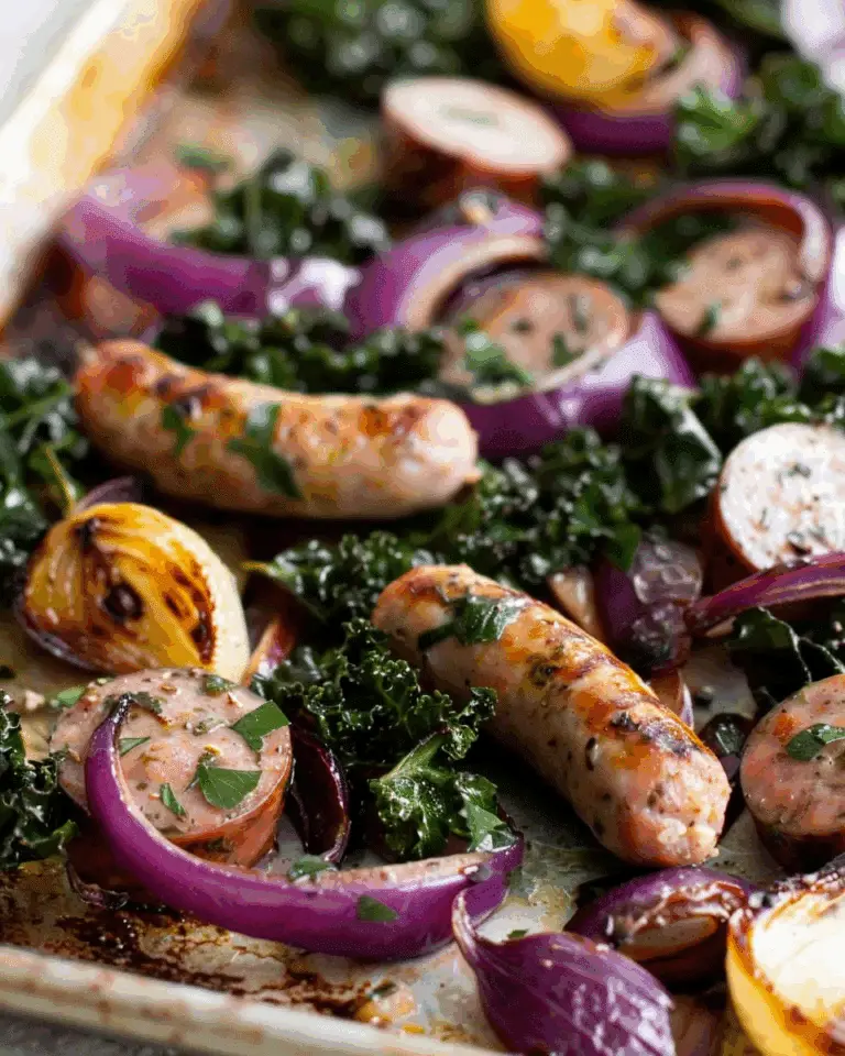 Chicken Sausage, Kalette, and Red Onion Sheet Pan Supper | TheFamilyCooking