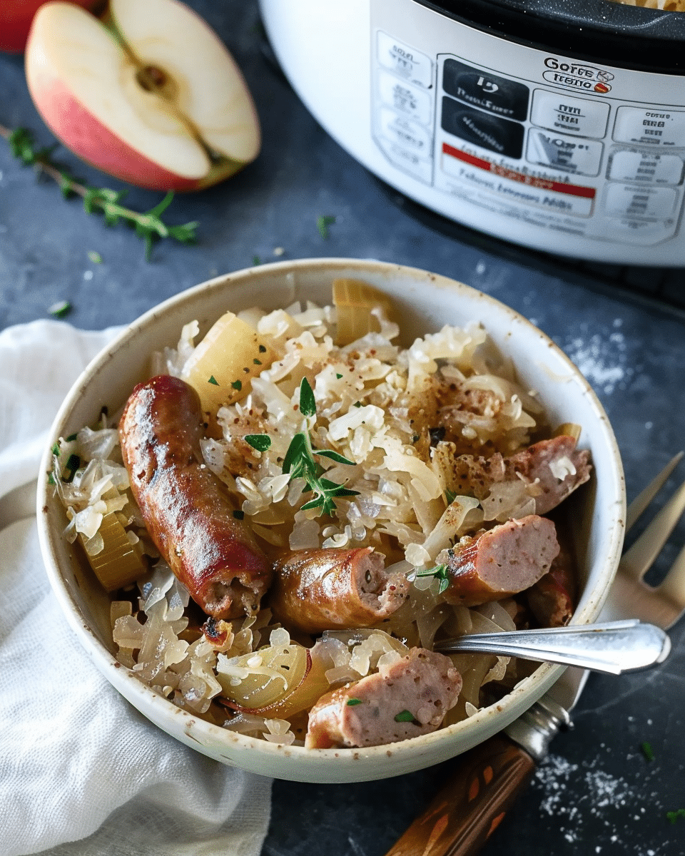 Slow Cooker Sausage, Sauerkraut, and Apples | TheFamilyCooking