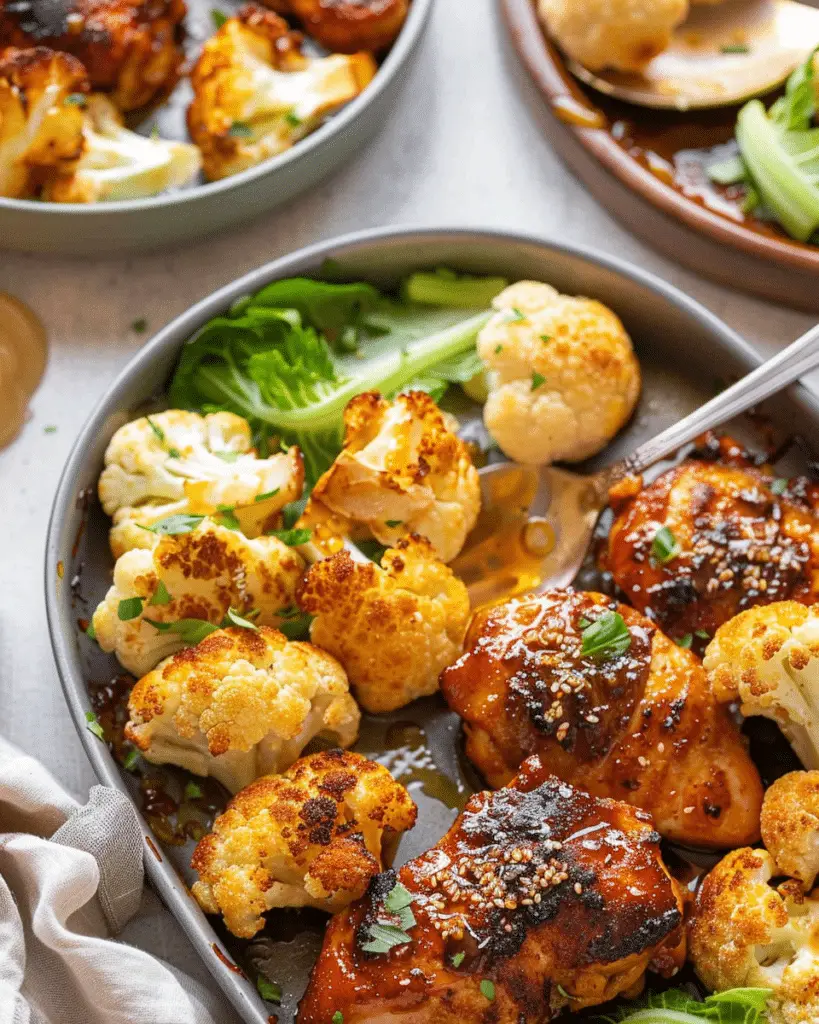 Sheet Pan Honey Garlic Baked Chicken & Cauliflower | TheFamilyCooking