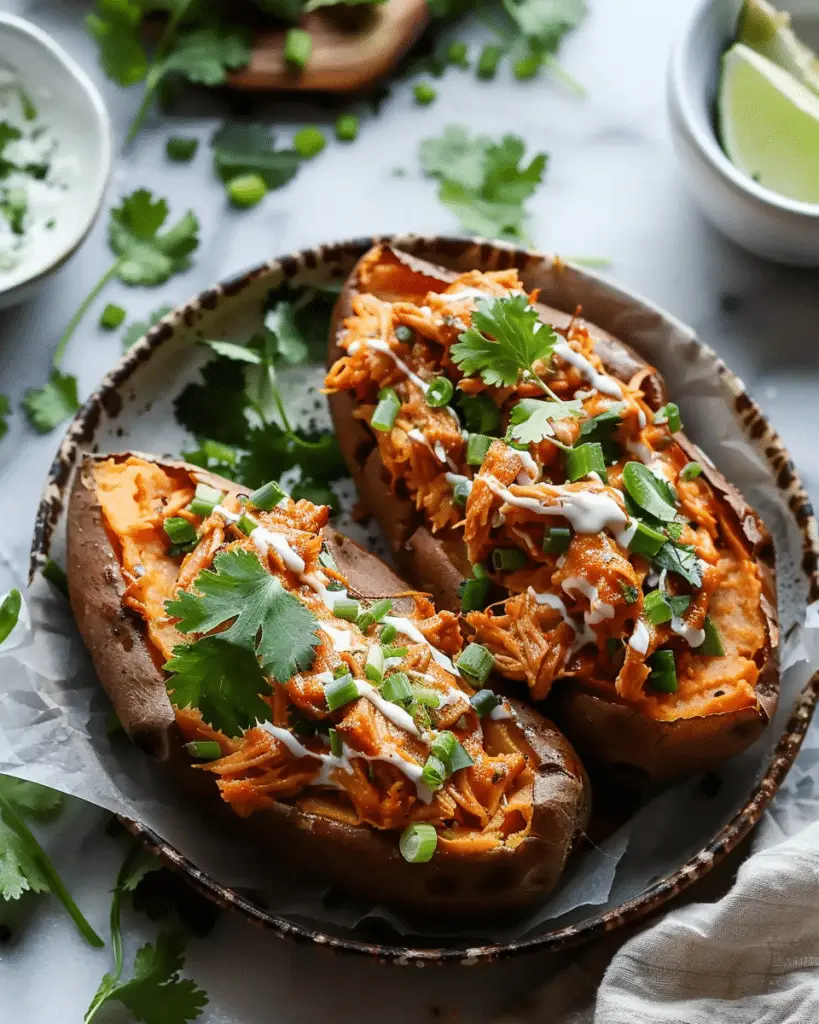 Slow Cooker Buffalo Chicken Stuffed Sweet Potatoes | TheFamilyCooking