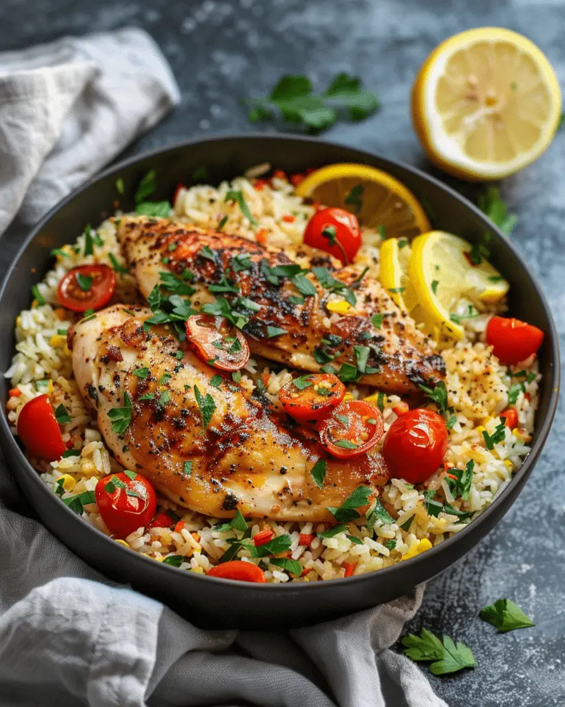 Greek Chicken with Lemon Rice and Tomatoes | TheFamilyCooking