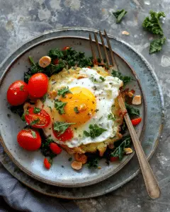 Breakfast Potato Latke Topped with Egg, Kale, Tomatoes, and Tamari ...